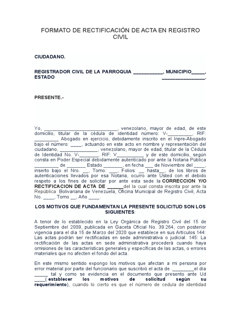 Formato de Rectificación de Acta en Registro Civil Sede Administrtiva | Descargar gratis PDF ...