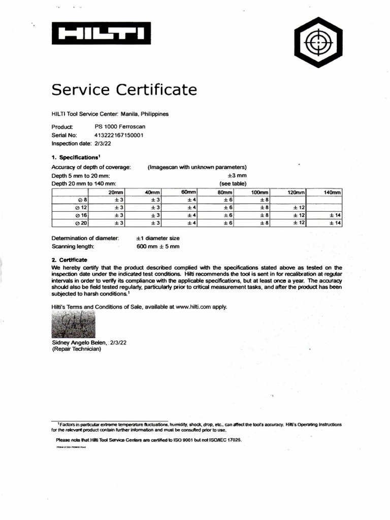 HILTI PS 1000 Calibration Certificate 2022 | PDF