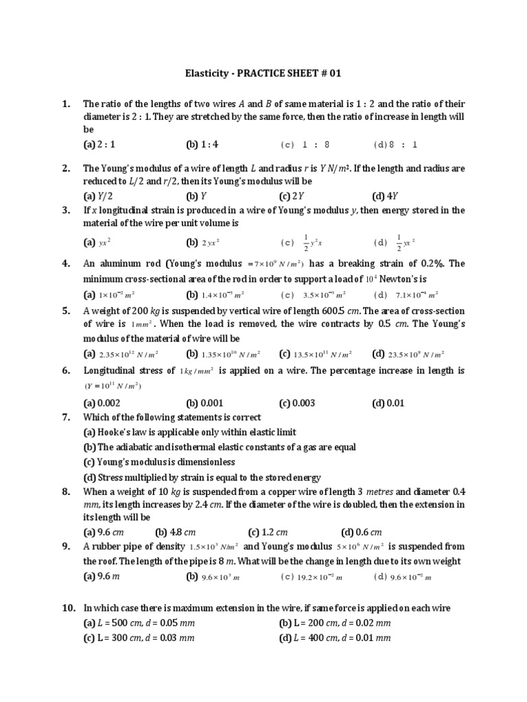 Elasticity Practice Sheet Questions | PDF | Young's Modulus | Elasticity (Physics)