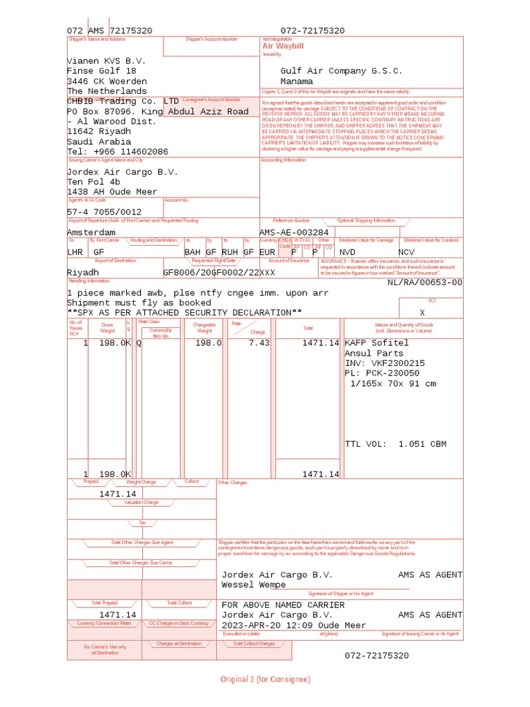 Iata Awb Consignee 072-72175320 | PDF | Common Carrier | Freight Transport