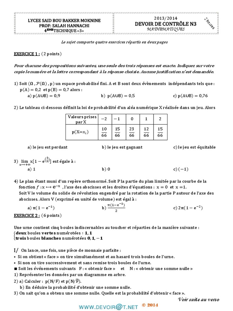Devoir de Contrôle N°3 - Math - Bac Technique (2013-2014) MR Salah Hannachi | PDF