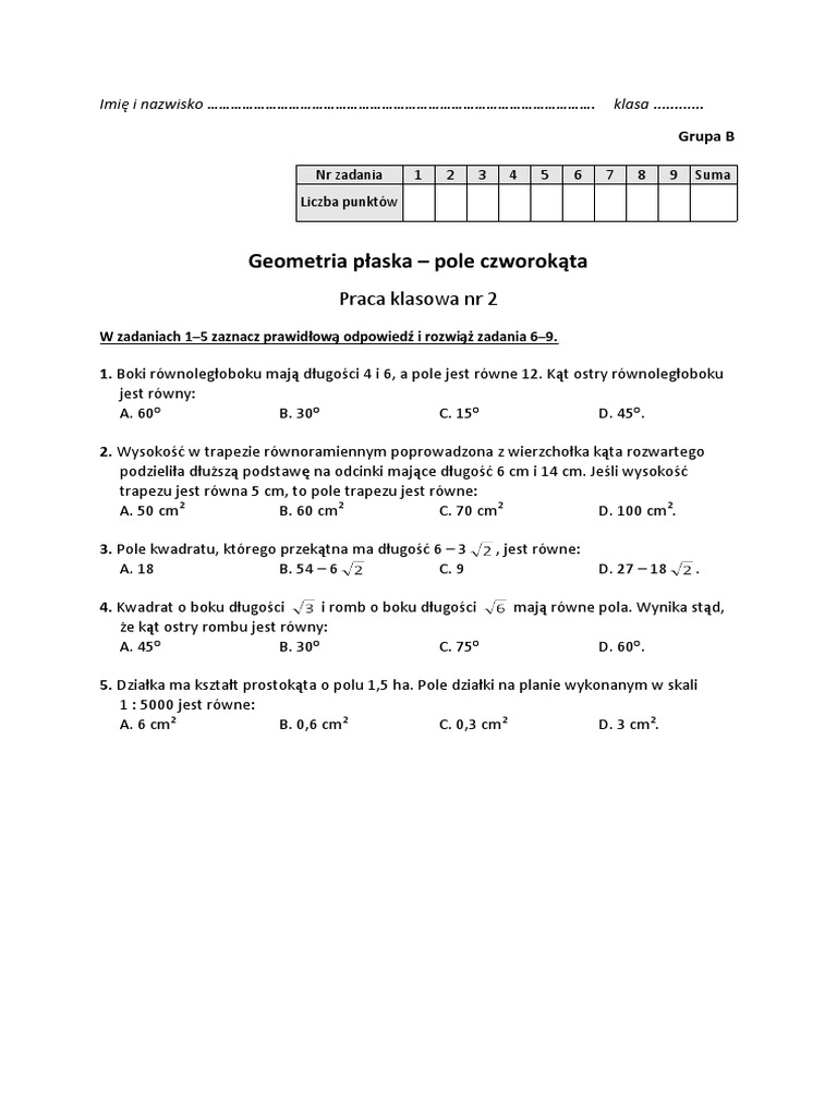 Klasowki Kl2 Geometria Plaska Pole Czworokata 2 B ZP | PDF