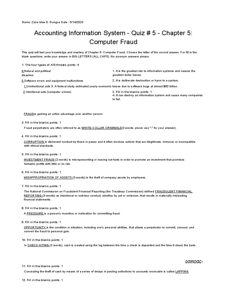 Accounting Information System - Quiz # 5 - Chapter 5 - Computer Fraud | PDF | Finance & Money ...