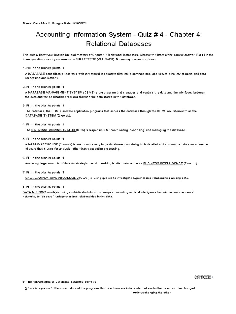 Accounting Information System - Quiz # 4 - Chapter 4 - Relational Databases | PDF