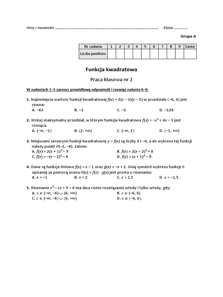 Klasowki kl2 Funkcja Kwadratowa 2 A ZP | PDF