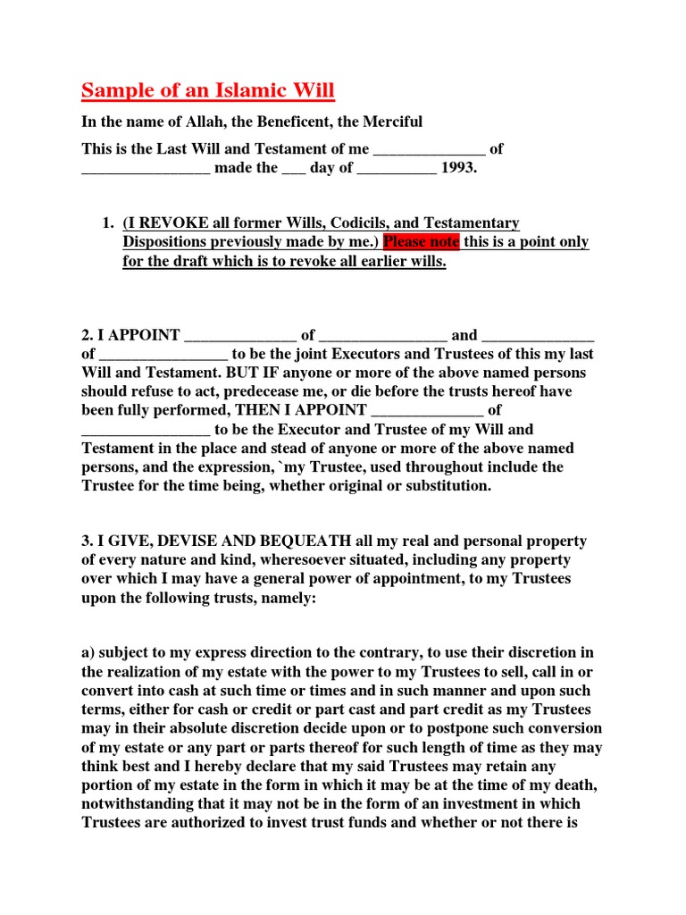 Islamic Will Template Sample | PDF | Will And Testament | Trust Law