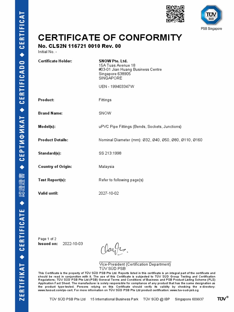COC CLS2N 116721 0010 Rev. 00 SS213 Fittings | PDF