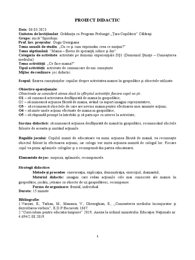 DS 1 "CE FACE MAMA" - Joc Didactic | PDF