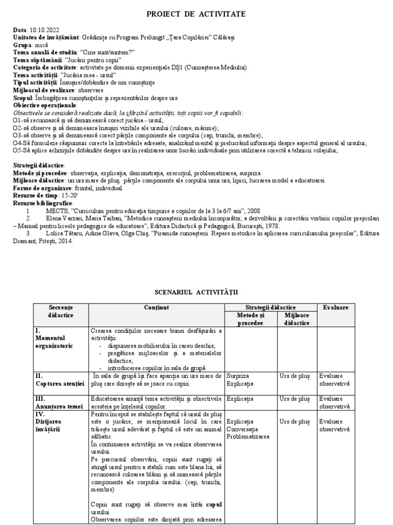 PROIECT DE ACTIVITATE DS - Observare Ursul | PDF