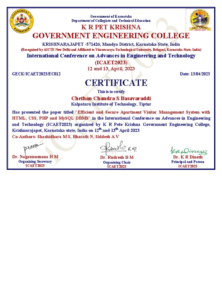Certificates Ece Icaet2023 Gec K R Pet | PDF | Technology & Engineering