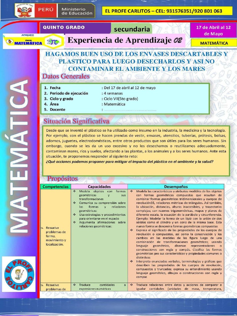 Experiencia De Aprendizaje 2 Ciclo Vi 5to Grado Grado Matematica