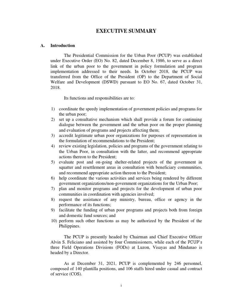 Presidential Commission For The Urban Poor Executive Summary 2021 | PDF ...