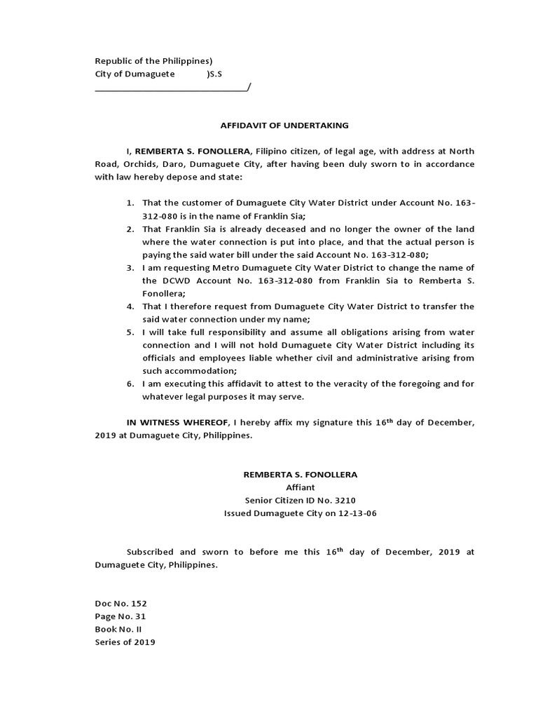 Affidavit for Water Connection Transfer | PDF | Law