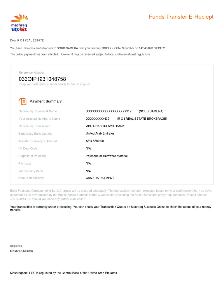 Payment Confirmation for Funds Transfer of AED 5,500 to Soud Camera ...
