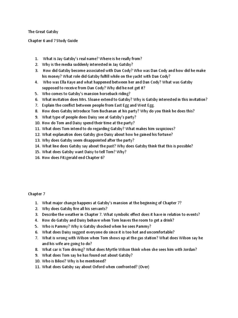 The Great Gatsby CH 6-7 Study Guide | PDF