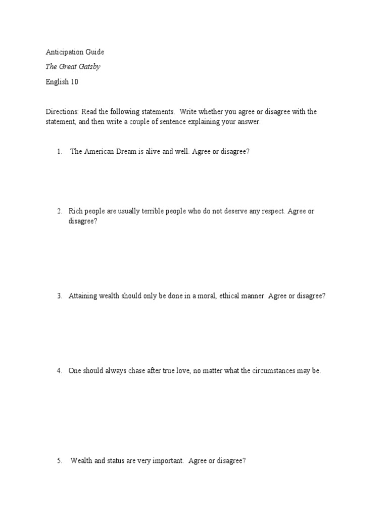 Anticipation Guide Great Gatsby | PDF