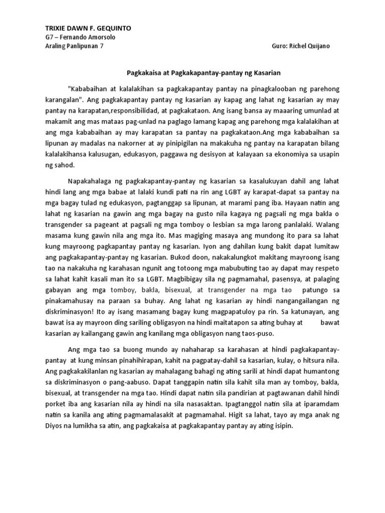 Gender Equality (Tagalog | PDF