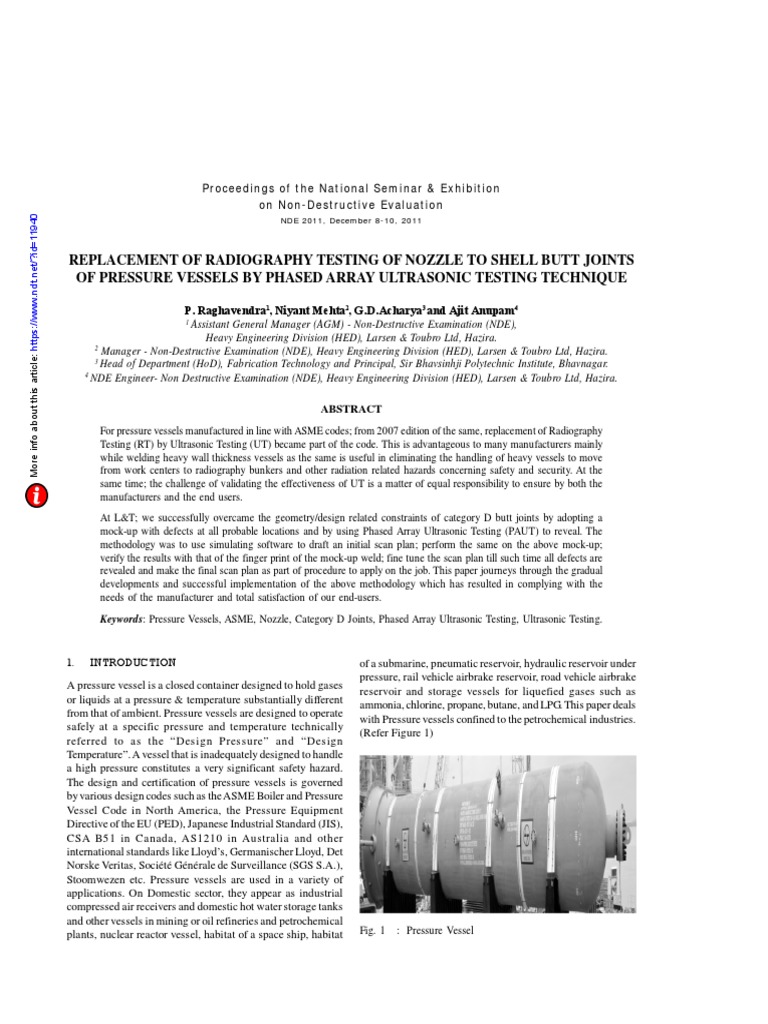 Replacement of Radiography Testing of Nozzle To Shell Butt Joints of ...