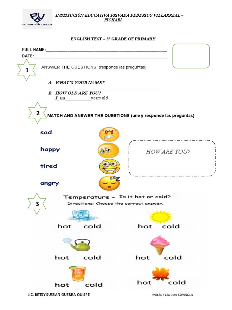 Examen Inglés 3° Primaria | PDF