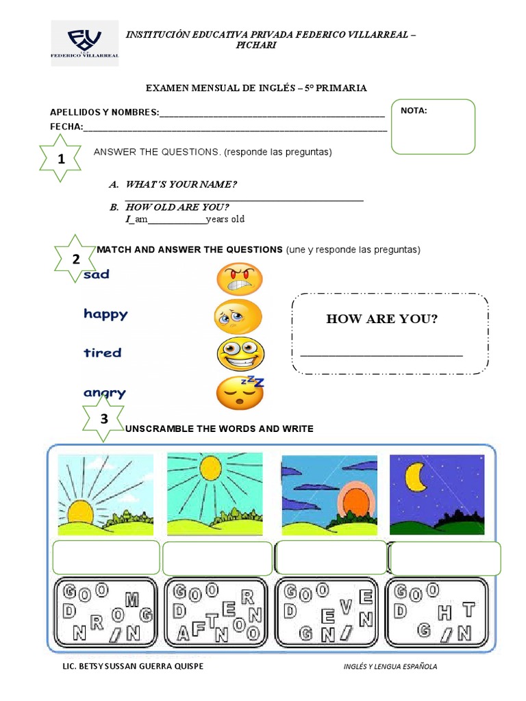 EXAMEN INGLÉS 5° de Primaria | PDF