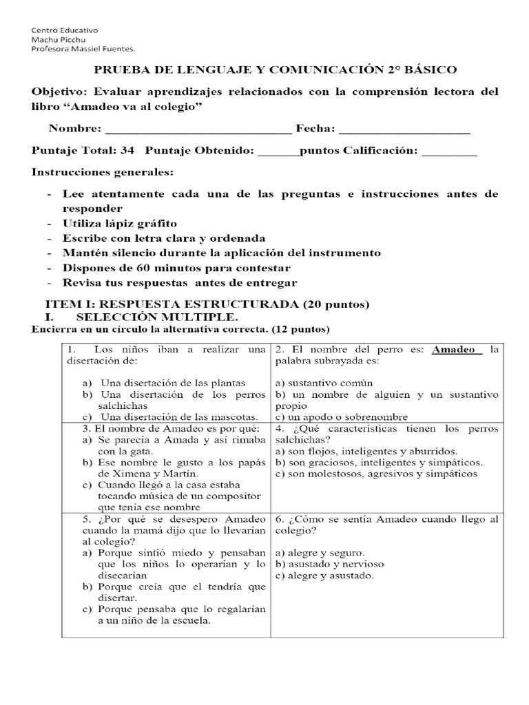 Prueba Amadeo Va Al Coelgio | PDF