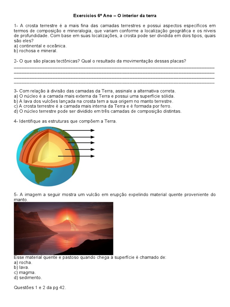 Exercícios 6º Ano - O Interior Da Terra | PDF