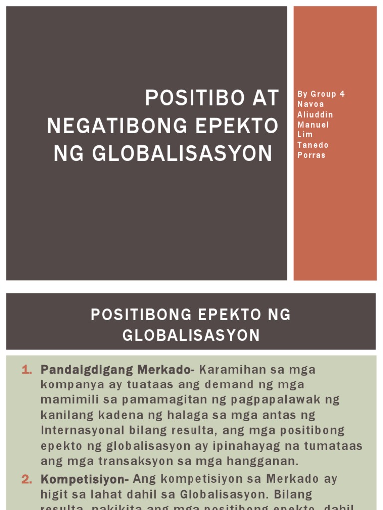 Positibo at Negatibong Epekto NG Globalisasyon | PDF