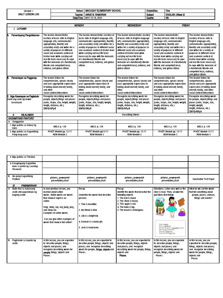 Q4 DLL English1 Week-3 | PDF | Noun | Pronoun