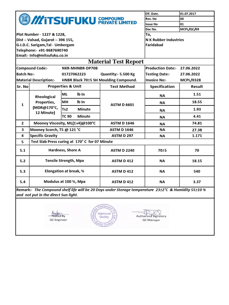 Material Test Report for HNBR Black 70±5 Shore Hardness Moulding ...