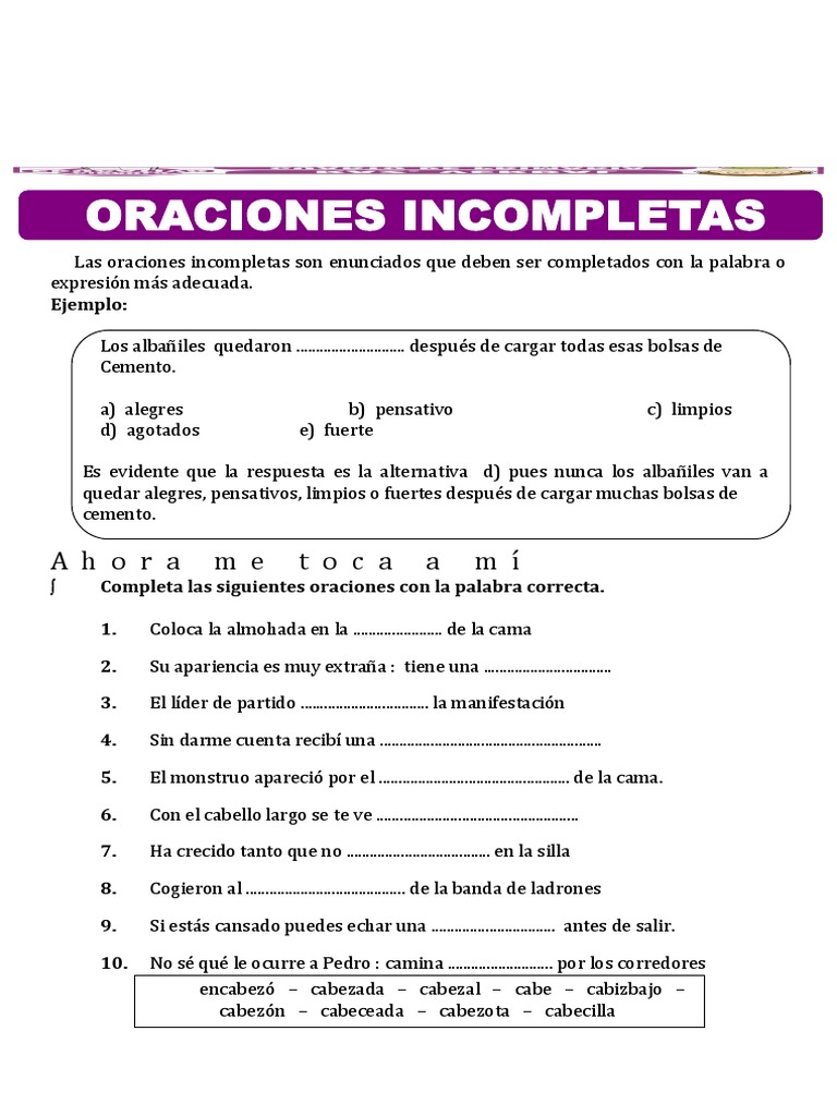 Ejercicios de Oraciones Incompletas | PDF | Hogar, jardinería y bricolaje