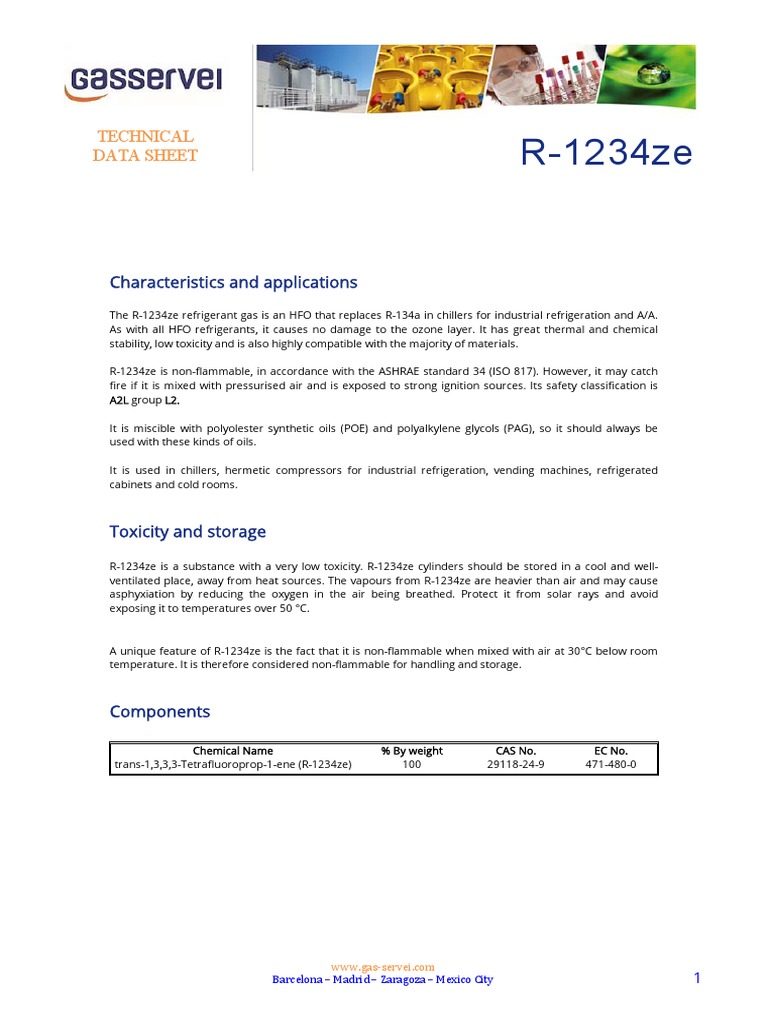 R-1234ze Refrigerant Technical Data Sheet | PDF | Refrigeration ...