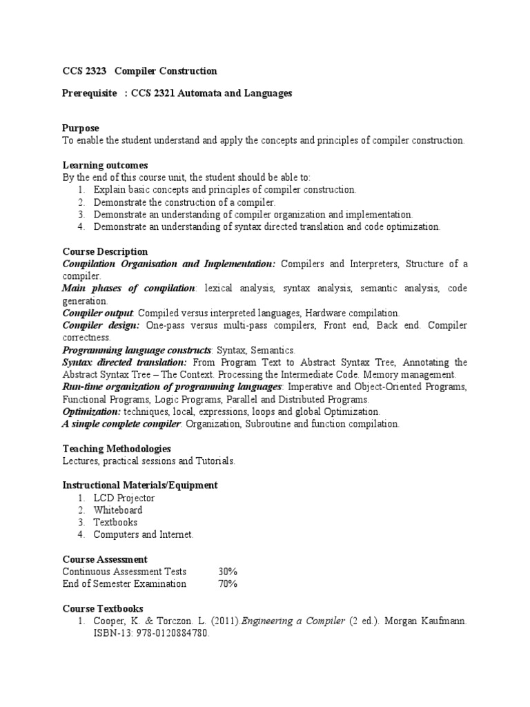 CCS 2323 Compiler Construction Course Outline | PDF