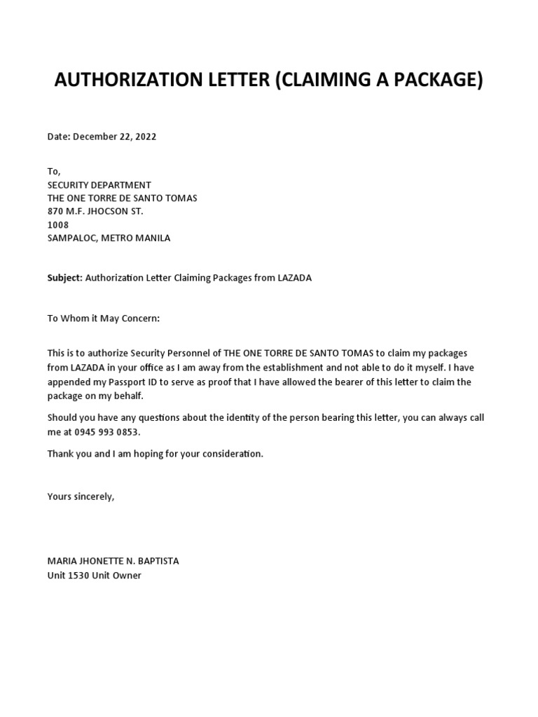 Authorization Letter for Package Claim | PDF