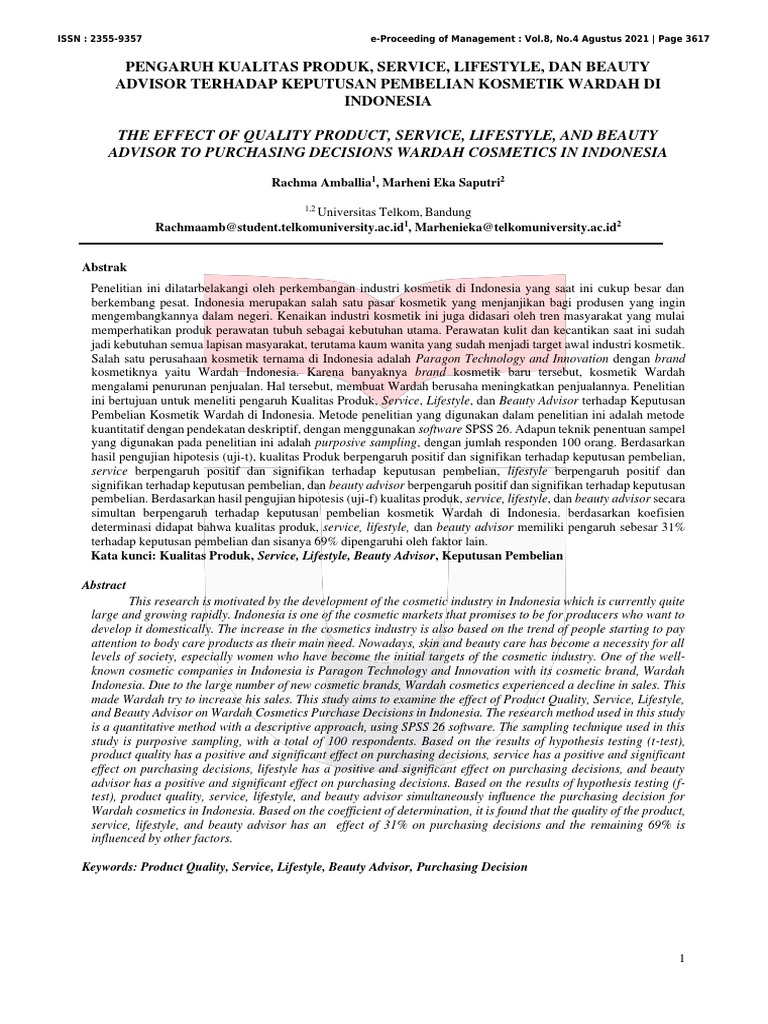 Pengaruh Kualitas Produk, Service, Lifestyle, Dan Beauty Advisor Terhadap Keputusan Pembelian ...