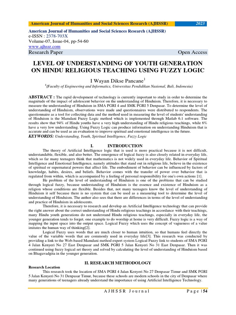 Level of Understanding of Youth Generation On Hindu Religious Teaching Using Fuzzy Logic ...