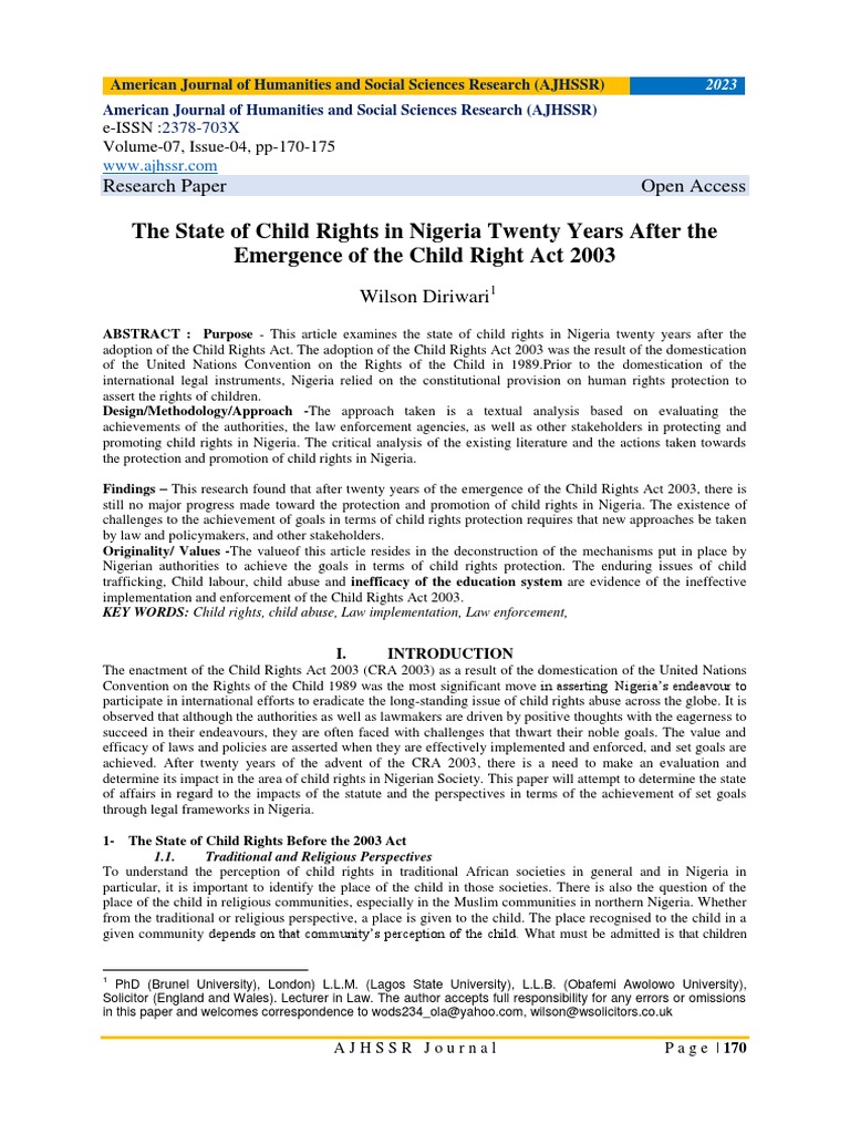 The State of Child Rights in Nigeria Twenty Years After The Emergence ... The State of Child Rights in Nigeria Twenty Years After The Emergence ...