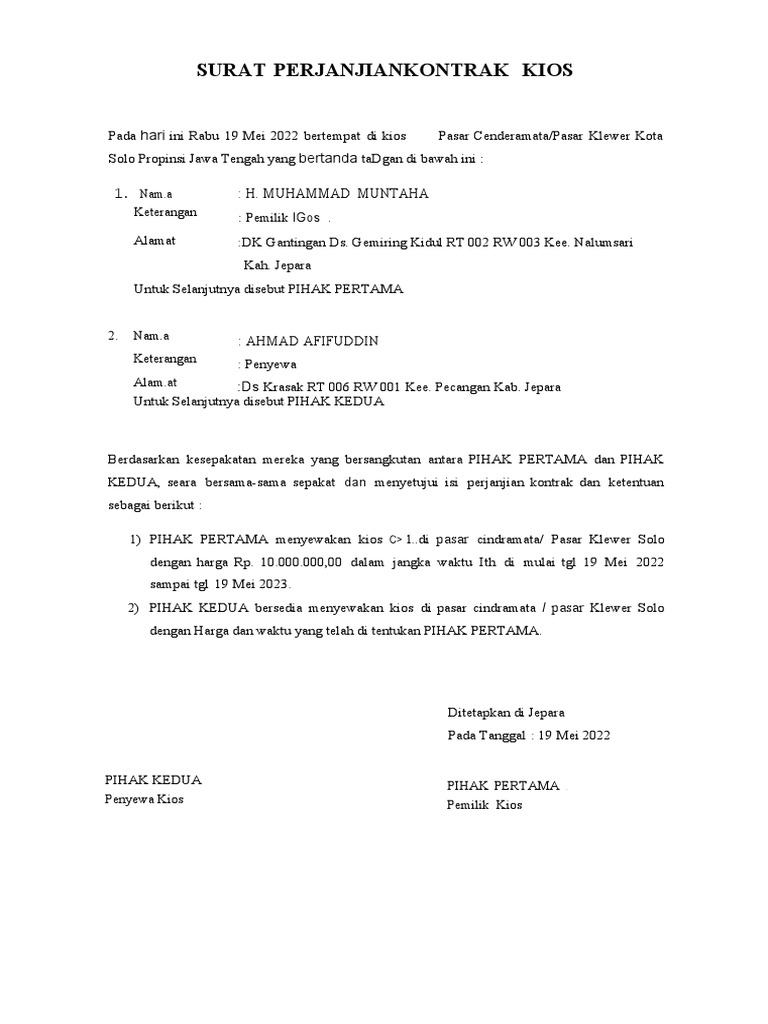 Surat Perjanjiankontrak Kios: 1.: H. Muhammad Muntaha | PDF