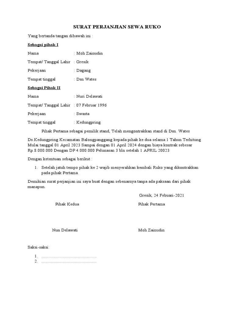 Surat Perjanjian Sewa Ruko | PDF | Hukum