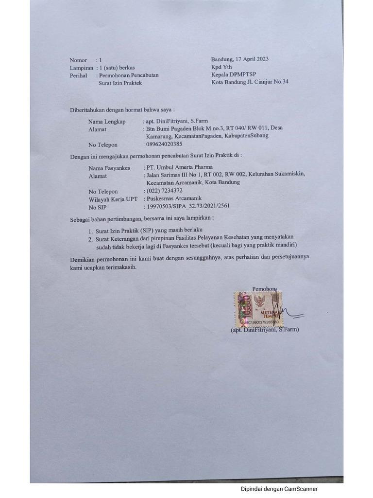 Permohonan Pencabutan Sip Ke DPMPTSP | PDF