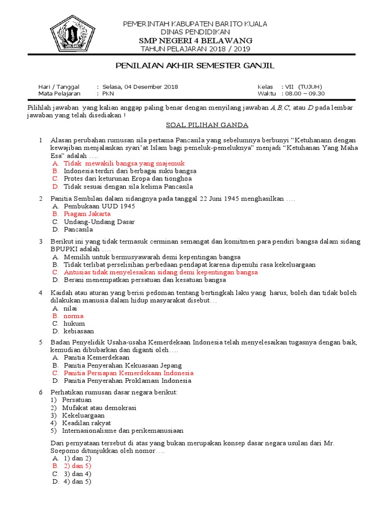 Soal Pas PKN Kelas 7 GANJIL | PDF