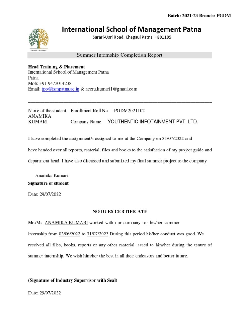 SIP Completion Report Format Anamika Kumari | PDF