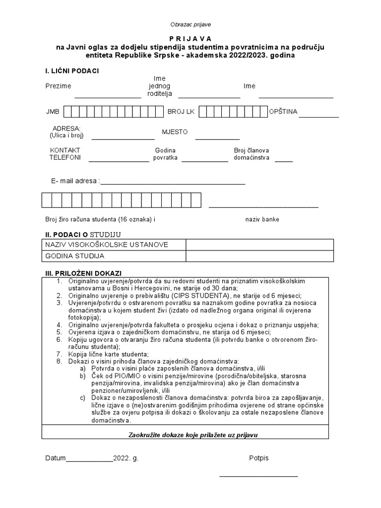 Obrazac Prijave Studenta 2022 2023 Godinu | PDF