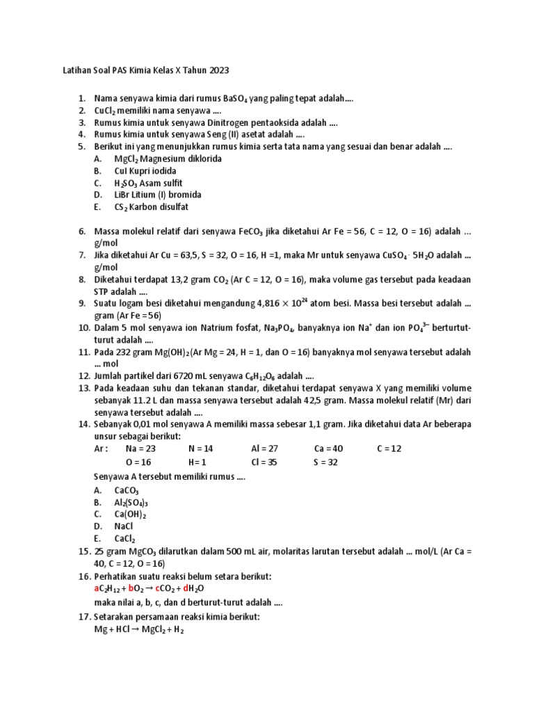Latihan Soal PAS Kimia Kelas X Tahun 2023 | PDF