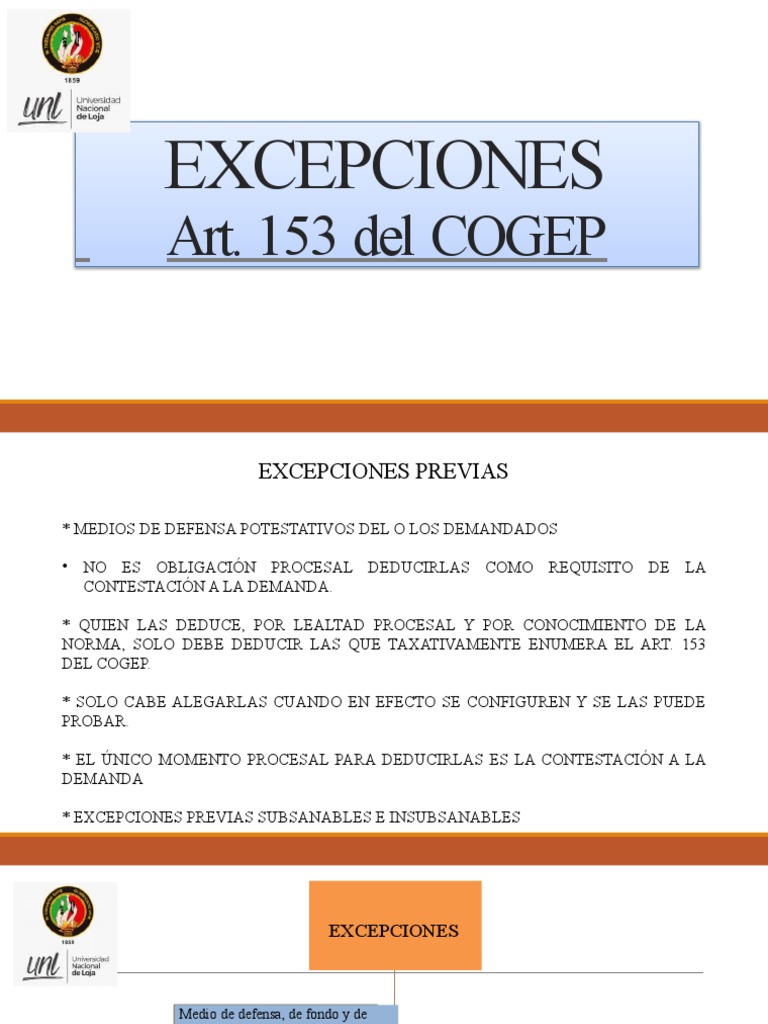 Excepciones - en - El - Art - 153 - Del - COGEP James Chacón | PDF | Demanda judicial | Ley procesal