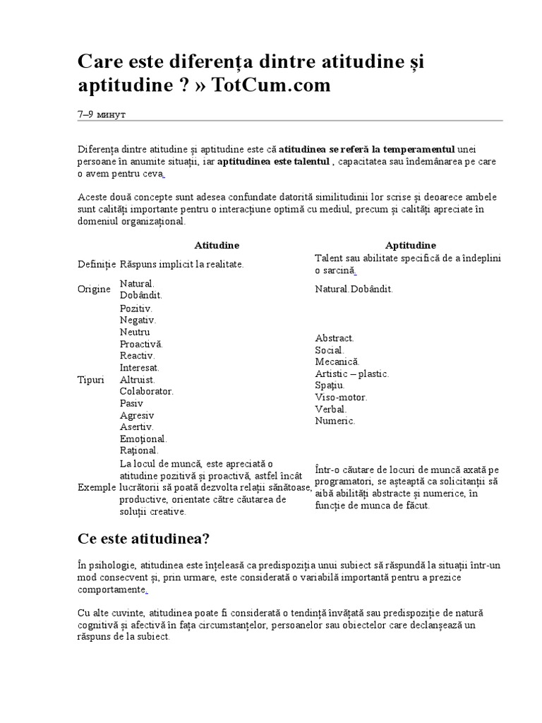 Care Este Diferența Dintre Atitudine Și Aptitudine | PDF