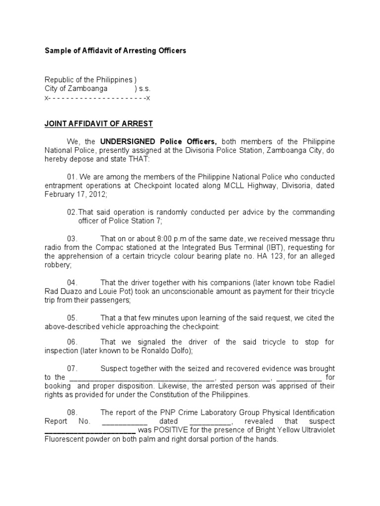 Sample of Affidavit of Arresting Officers | PDF | Affidavit | Crimes