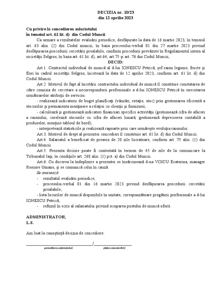 Decizie Incetare Cim Necorespundere Profesionala Art 61 D | PDF
