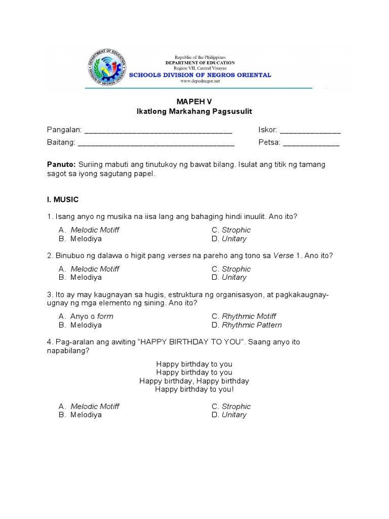 MAPEH V Third Quarter Exam | PDF