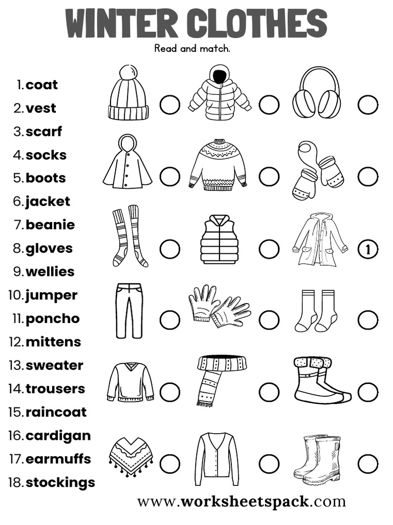 Winter Clothes Matching Worksheet | PDF