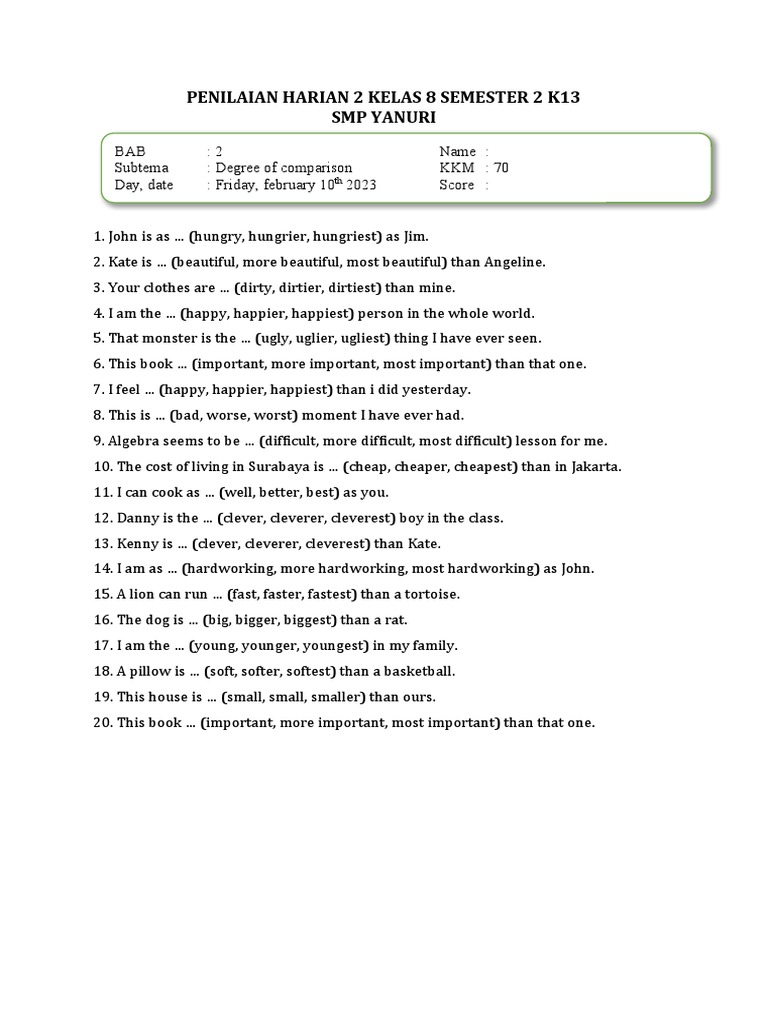 PH2 Degree of Comparison | PDF PH2 Degree of Comparison | PDF